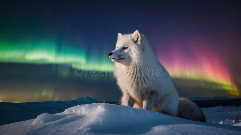 An Arctic Fox Stands on Snow Under a Colorful Aurora Borealis Sky Stock ...