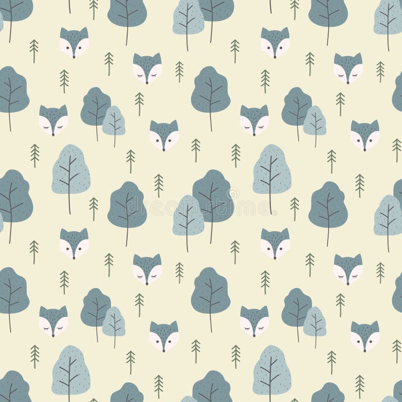 Arctic Fox and Trees Colorful Seamless Pattern. Vector Design for ...
