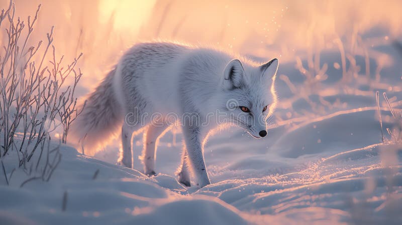 Arctic Fox Walks in Snowy Landscape at Sunrise Stock Illustration ...