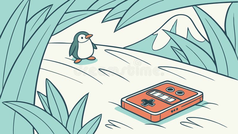 Arctic Gamer Penguin Playfully Interacts with a Retro Handheld Console ...