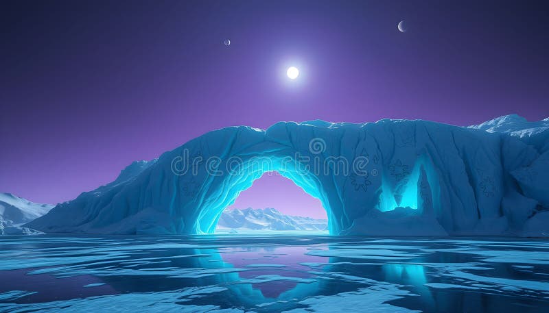 Arctic Gateway: an Ice Arch Under a Moonlit Sky Stock Illustration ...