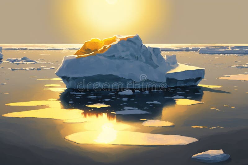 Arctic Glacier Floats in the Sea on the Background of the Sun. AI ...
