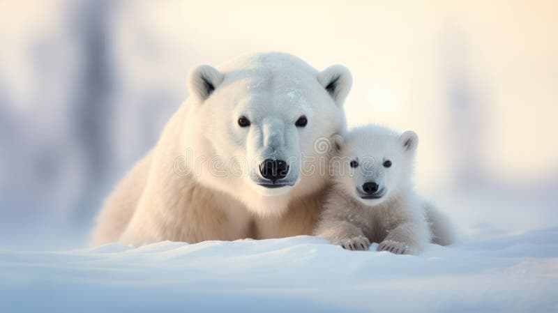 Arctic Harmony: Polar Bear and Its Cubs in the Snow. Generative AI ...