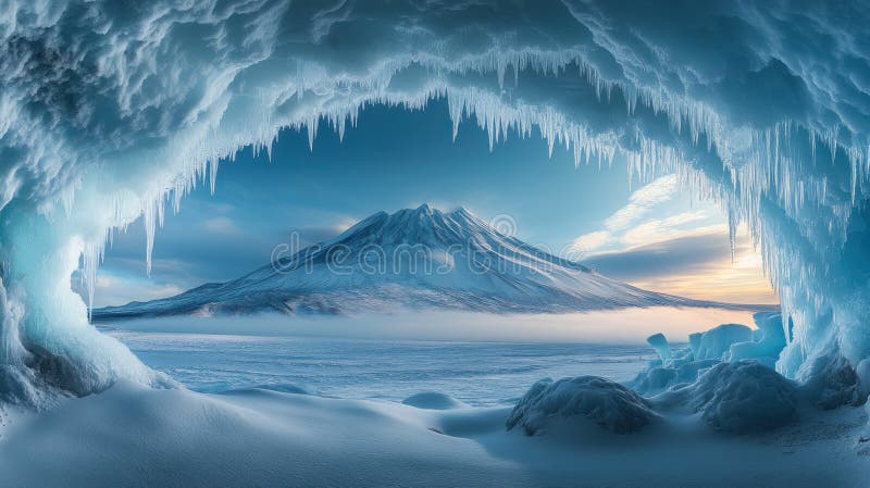 Arctic Ice Cave Framing Snow Volcano Sunrise Stock Illustration ...