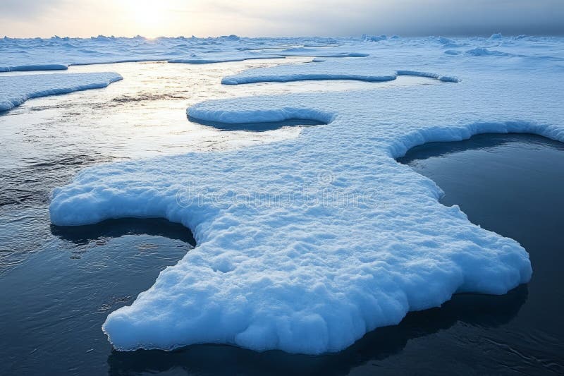 Arctic Landscape with Ice Floes Melting at Sunset, Creating a ...