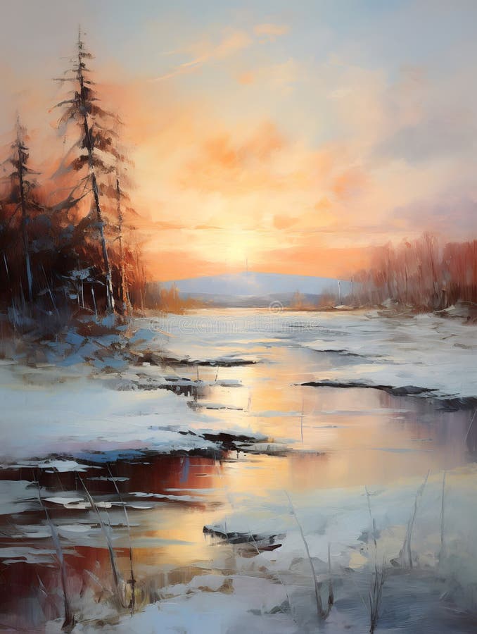 Arctic Landscape. Impressionism Style Oil Painting Stock Illustration ...