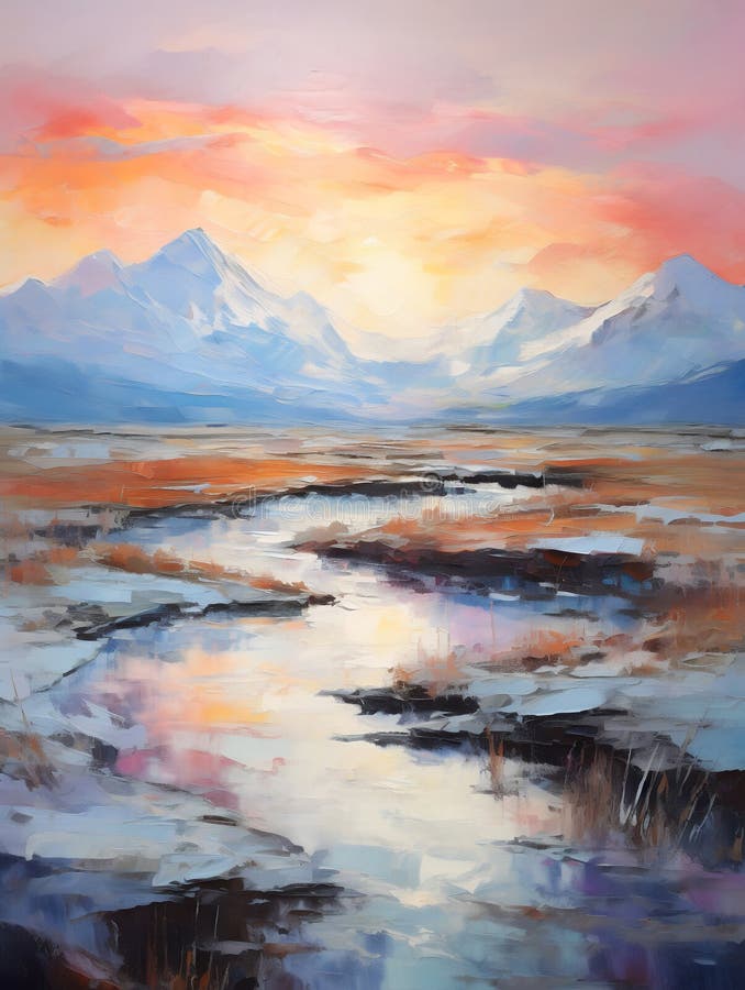 Arctic Landscape. Impressionism Style Oil Painting Stock Illustration ...