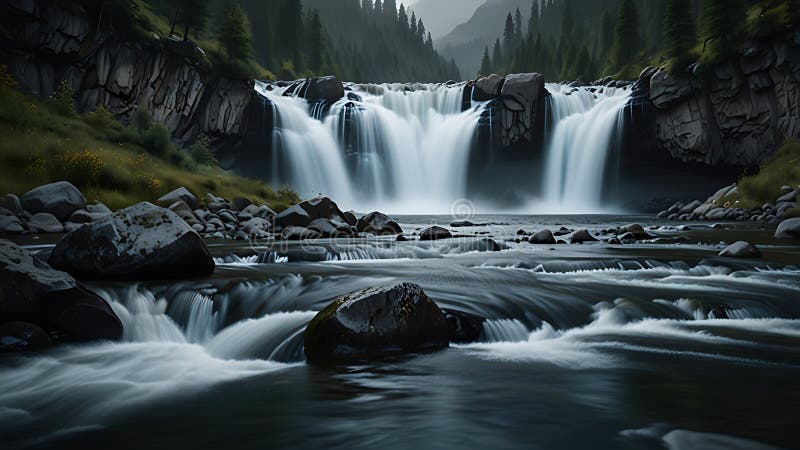 Arctic Mountain Waterfall Plunging Forcefully through Solid Ice and Harsh Rock Unveiling a ...