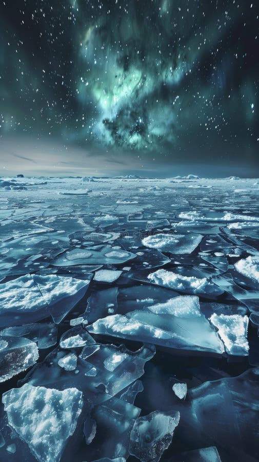 Arctic Night Sky with Northern Lights and Ice Floes Stock Photo - Image ...