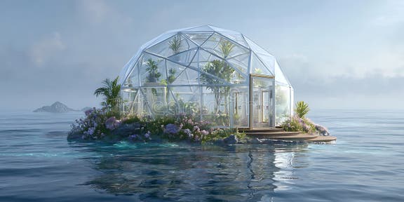 Arctic Oasis EcoDome on Floating Island Stock Illustration - Illustration of geodesic, region ...