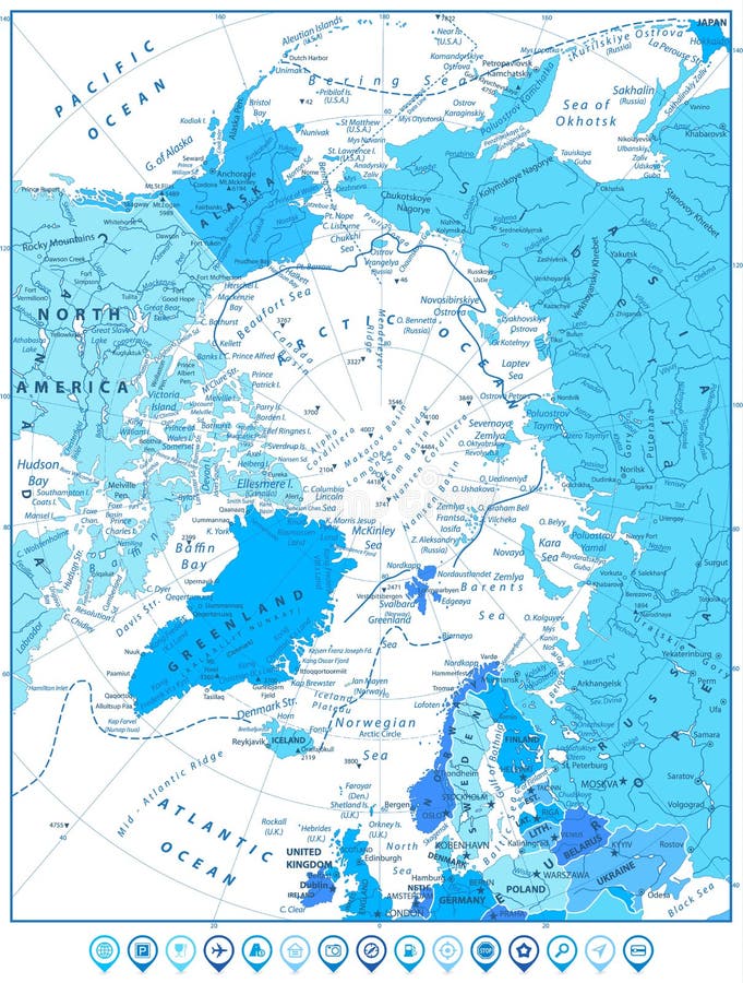 Arctic Ocean Map in Colors of Blue and Map Pointers Stock Vector ...