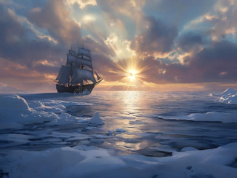 Arctic Ocean, Sunset, Sailing Ship, Cold Colors, Dramatic Sky Stock ...