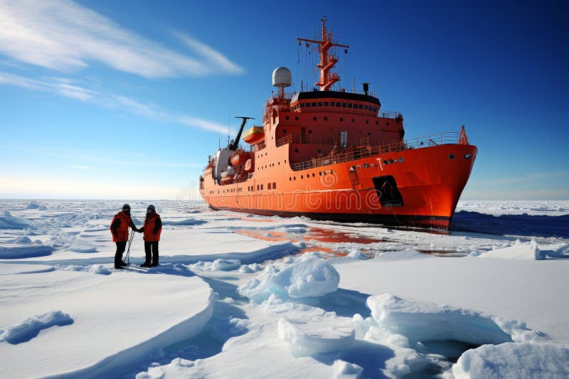 Arctic Scientist on Ice Floe with Research Vessel in the Background for ...