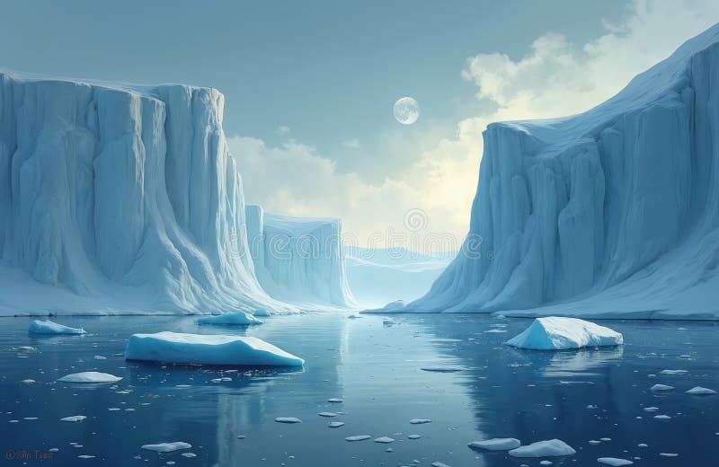 Arctic Sea with Icebergs Under Moonlight between Icy Cliffs. Glacial ...