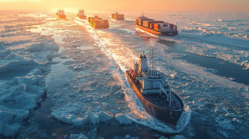 Arctic Sea Route with Ships Navigating through Thick Ice at Sunset for ...