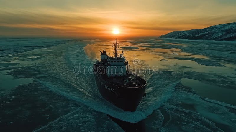 Arctic Ship Breaking through Ice at Sunset Stock Illustration ...