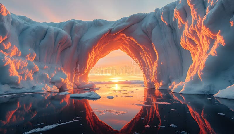 Arctic Sunset through Ice Arch Reflecting on Calm Waters Stock ...