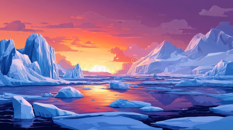 Arctic Sunset: Pixel Art Landscape of Icy Mountains and Sea Stock ...