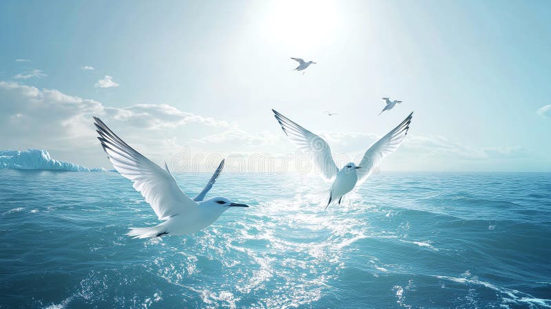 Arctic Terns Flying Over Open Ocean with White and Grey Feathers ...
