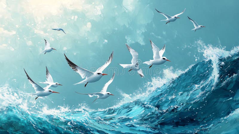 Arctic Terns Flying Over Open Ocean with White and Grey Feathers ...