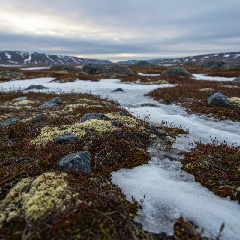 Arctic Tundra Landscape with Melting Snow and Moss Stock Illustration ...