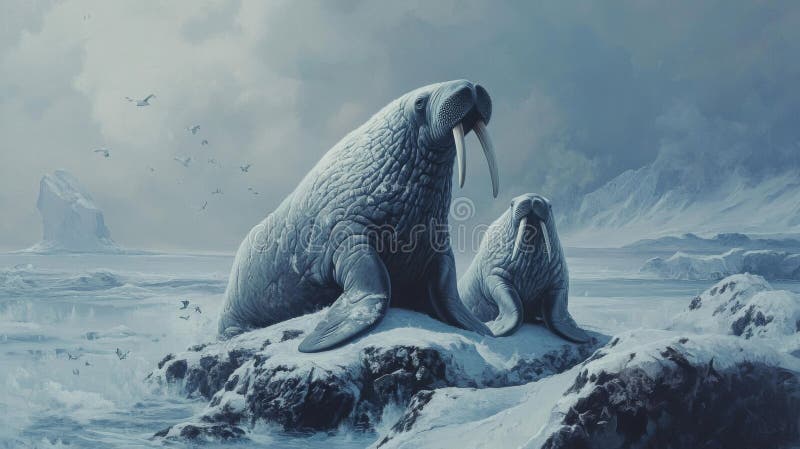 Arctic Walrus Mother and Calf on Snowy Rocks Stock Illustration ...