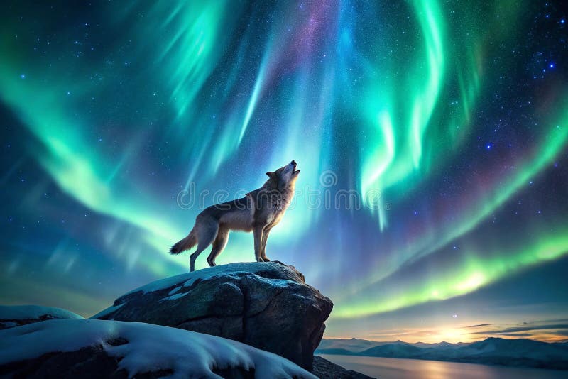 Arctic Wolf Howls at Aurora Borealis Stock Illustration - Illustration ...