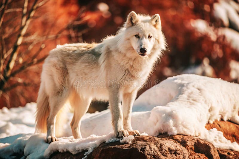 Arctic Wolf on Rock in Winter Wonderland Stock Illustration ...