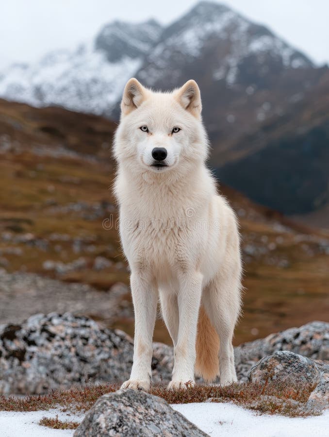 Arctic Wolf Standing on Rocks in Snowy Mountains Stock Illustration ...