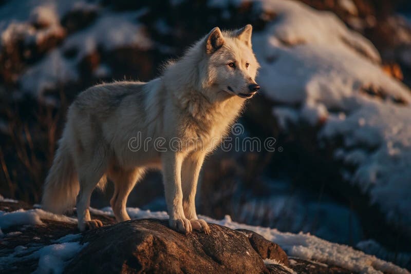 Arctic Wolf Stands on Rock at Sunset, Snowy Backdrop Stock Illustration ...