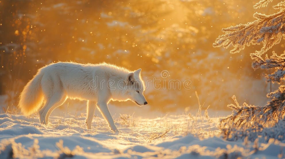 Arctic Wolf at Sunrise in Snowy Forest Stock Illustration ...