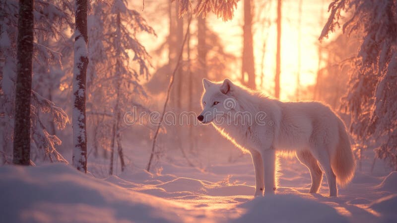 Arctic Wolf at Sunrise in a Snowy Forest Stock Illustration ...