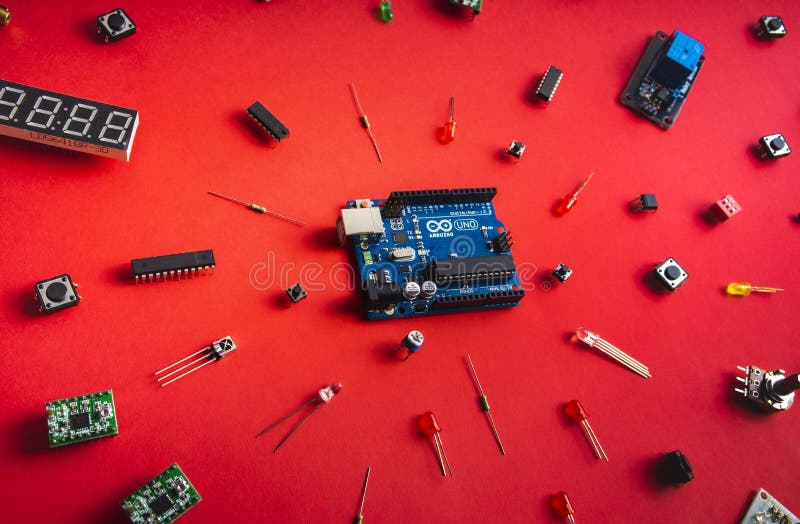 Arduino Uno Board And Components On Light Background Editorial Stock