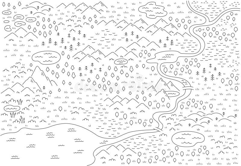 Area Map Sketch National Park. Mountain River and Forest. Vector ...
