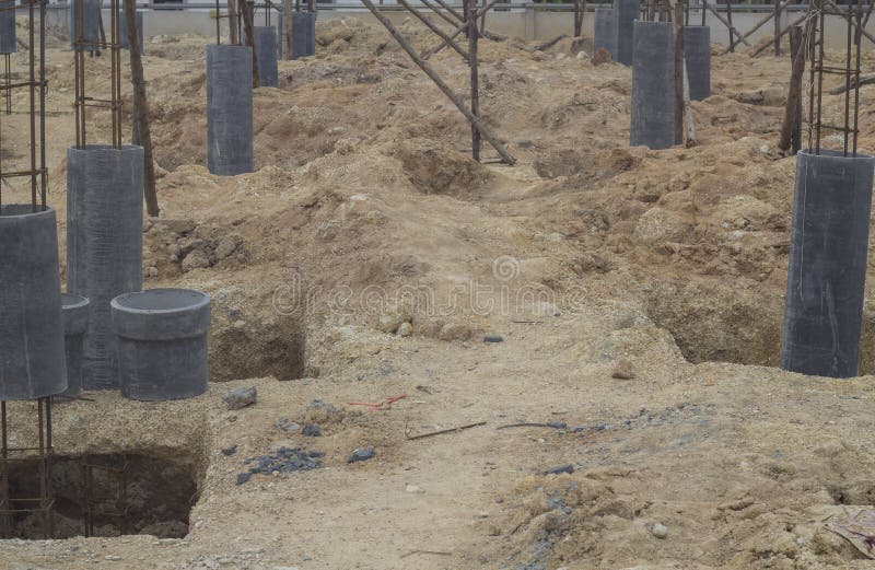 Area Preparation for Casting Cement Columns in Construction Site. Stock ...