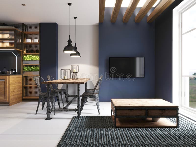 Area with a TV in a Studio Apartment with a Loft Style Kitchen. Wooden ...