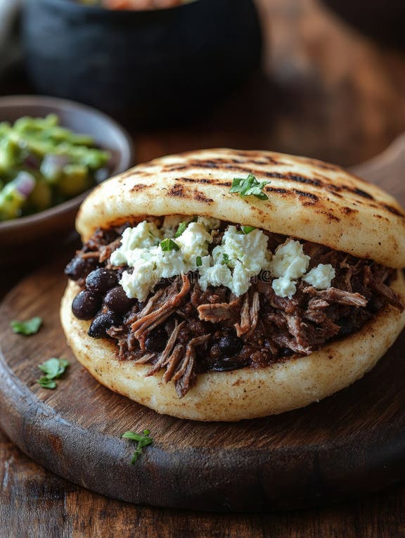 Arepa with Pulled Beef, Cheese, and Black Beans on a Board. Stock Photo ...