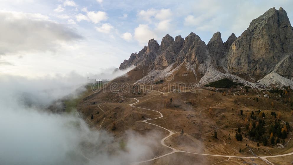 Arial View Panoramic Landscape Around Passo Gadera in Dolomite Itlay ...
