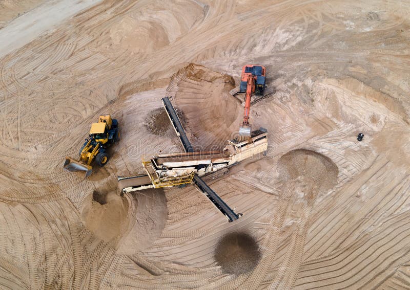 Arial View of the Sand Open-pit Mining with Heavy Mining Machinery ...