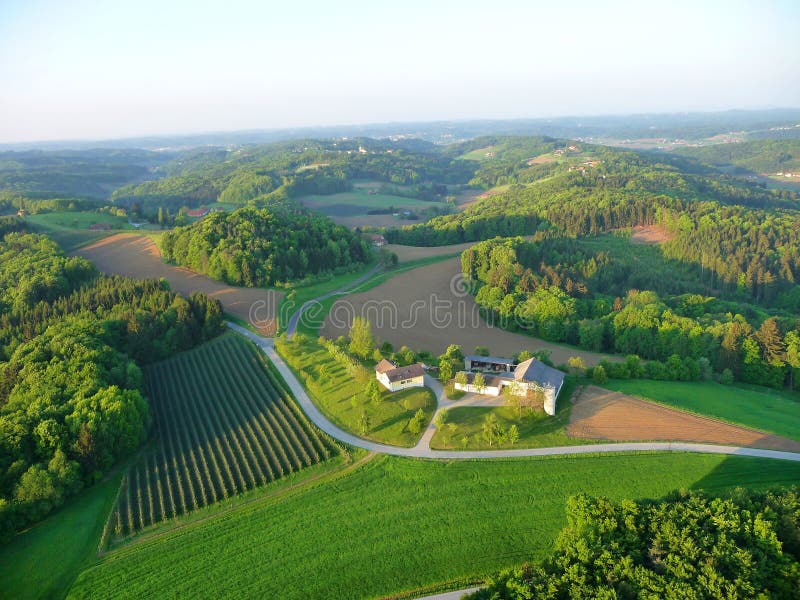 Arial view stock image. Image of twilight, fields, balloon - 304934513