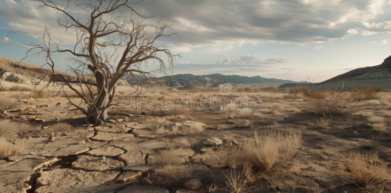 Arid Bare Desert Landscape with a Lone Tree Standing in the Middle of ...