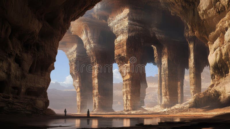 Arid Canyon with Ancient Stone Pillars and Figures Stock Illustration ...