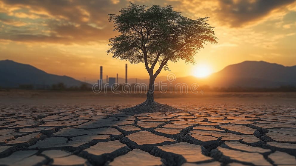 Cracked Earth with Fading Tree Shadows and Distant Industry ...