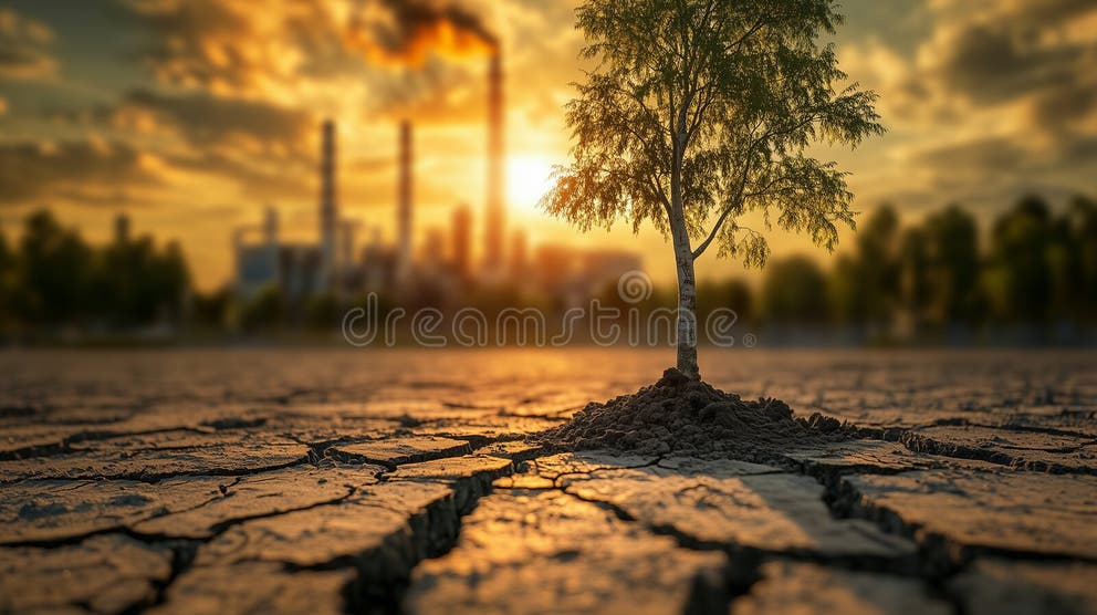 Cracked Earth with Fading Tree Shadows and Distant Industry ...