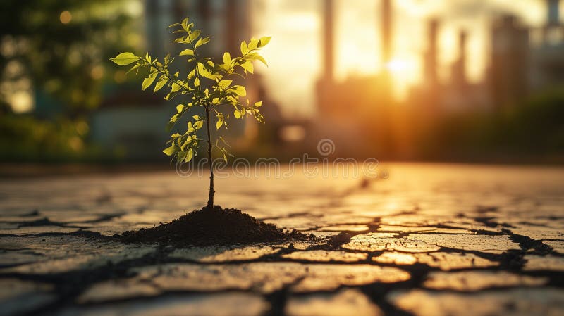 Cracked Earth with Fading Tree Shadows and Distant Industry ...