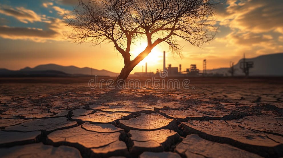 Cracked Earth with Fading Tree Shadows and Distant Industry ...