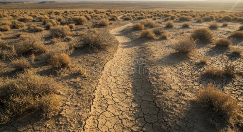 Arid Desert Landscape with Cracked Earth Path Stock Illustration ...