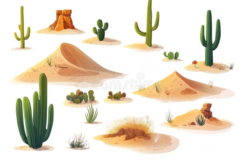Arid Desert Landscape Features Including Sand Dunes, Cacti and Dry ...