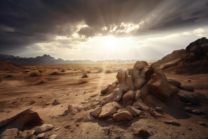 Arid Desert Landscape with Rock Formations and Sun Rays Shining through ...