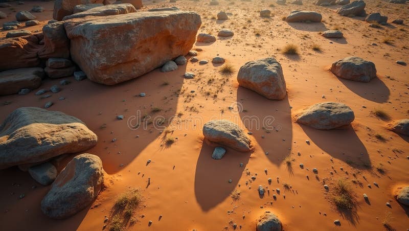 Arid Desert Landscape with Scattered Boulders and Long Shadows Stock ...